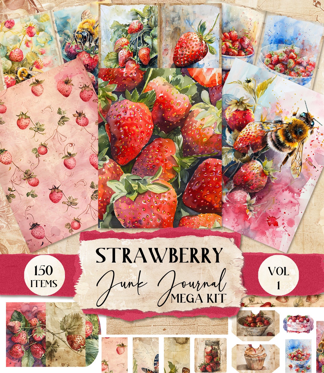 Strawberry Junk Journal Kit Pages Printable Junk Journal Ephemera Folio ...