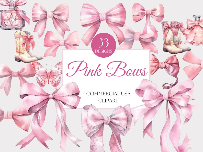 Pink Bow Clipart Coquette Clipart Watercolor Bow Clipart Bundle Digital ...