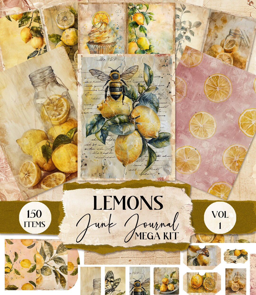 Lemon Junk Journal Kit Pages Printable Junk Journal Ephemera Folio Junk ...