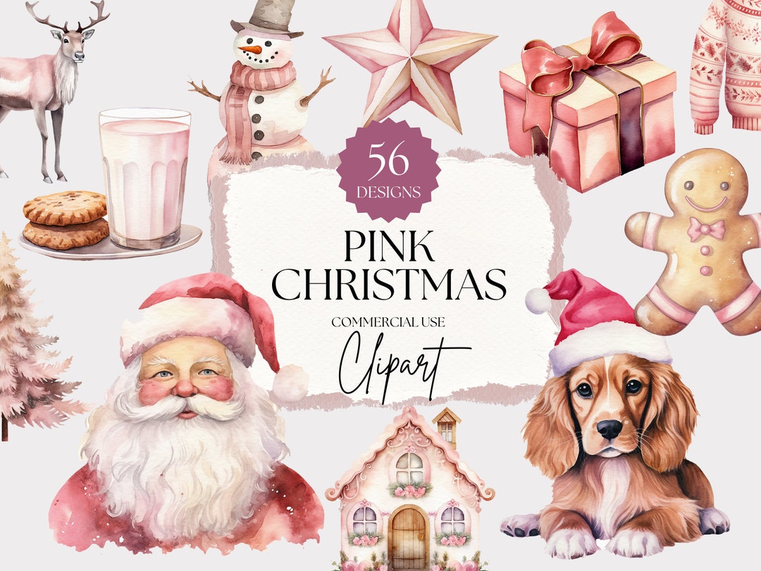 Pink Christmas Clipart, Watercolor Christmas Clipart Bundle, Christmas ...