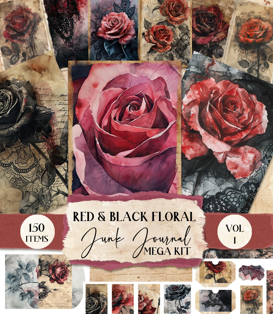 Dark Shabby Chic Red and Black Floral Junk Journal Pages Junk Journal ...