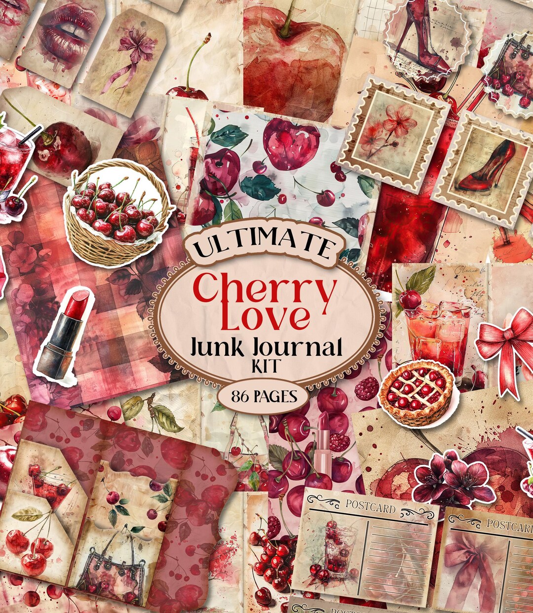 Cherrycore Junk Journal Kit Cherry Folio Junk Journal Kit Printable Valentine's Day Folio Kit ...