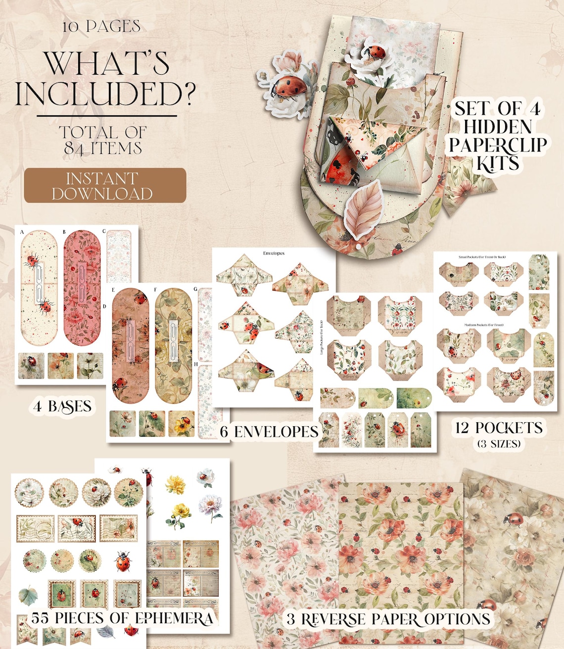Ladybug Hidden Paperclip Pockets Junk Journal Kit Lady Bug Hidden Paper ...