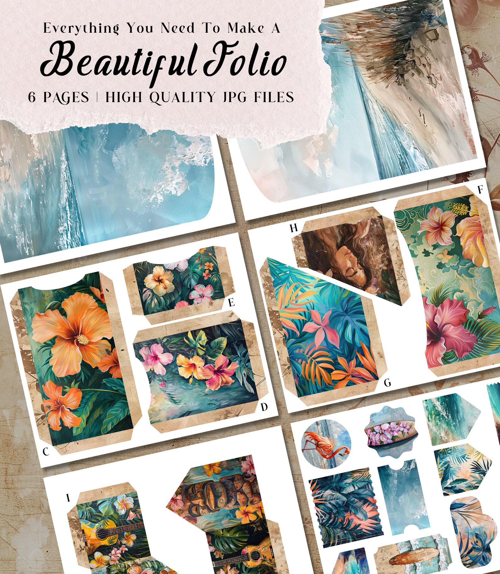 Hawaii Folio Junk Journal Kit Printable Folio Pages Shabby Chic Folio Hawaiian Printable Pages ...