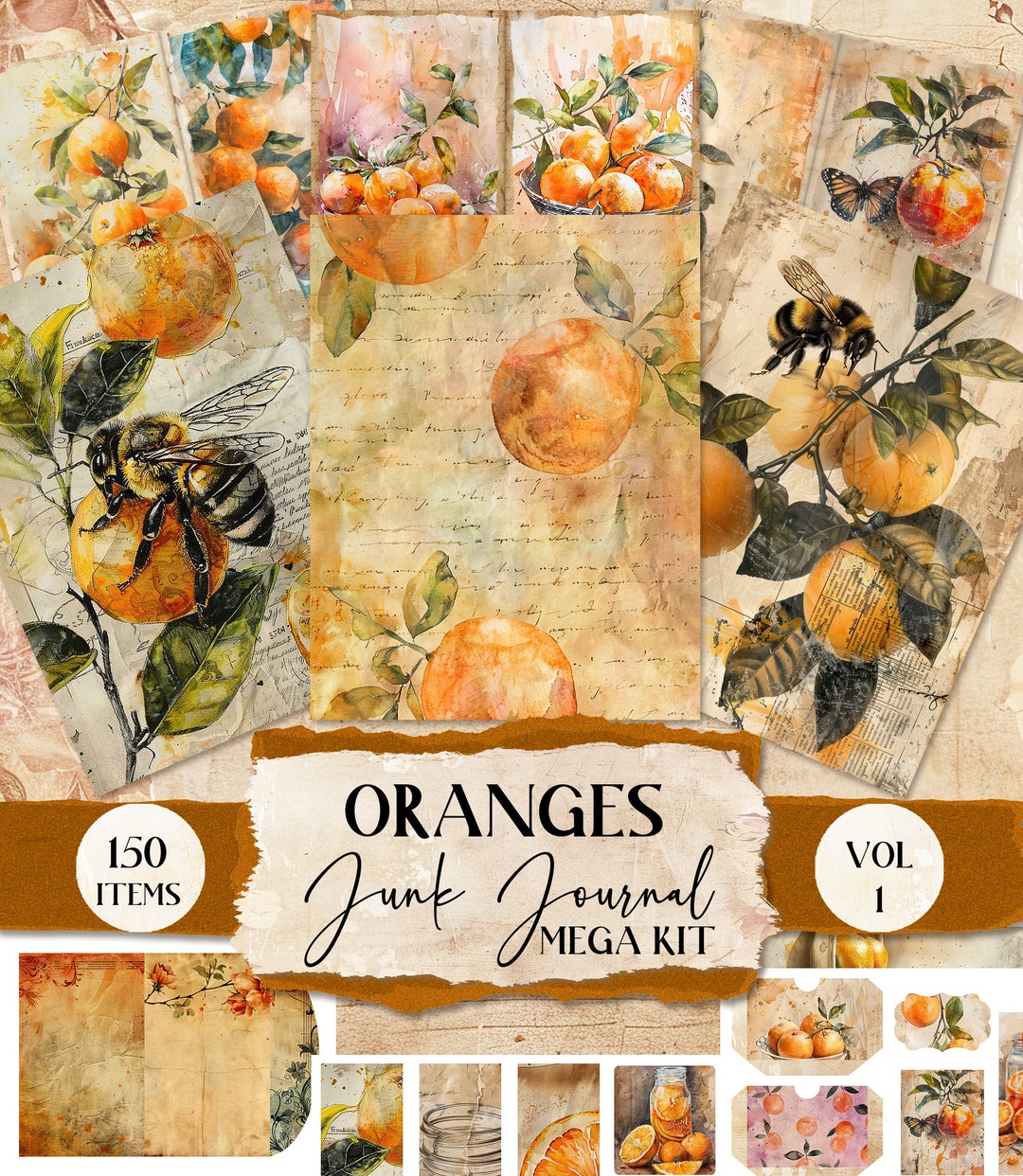 Orange Junk Journal Kit Pages Printable Junk Journal Ephemera Folio ...