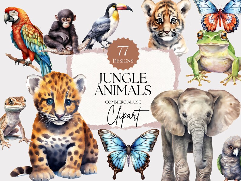 Watercolor Jungle Animals Clipart Baby Jungle Animals, Digital Crafting ...
