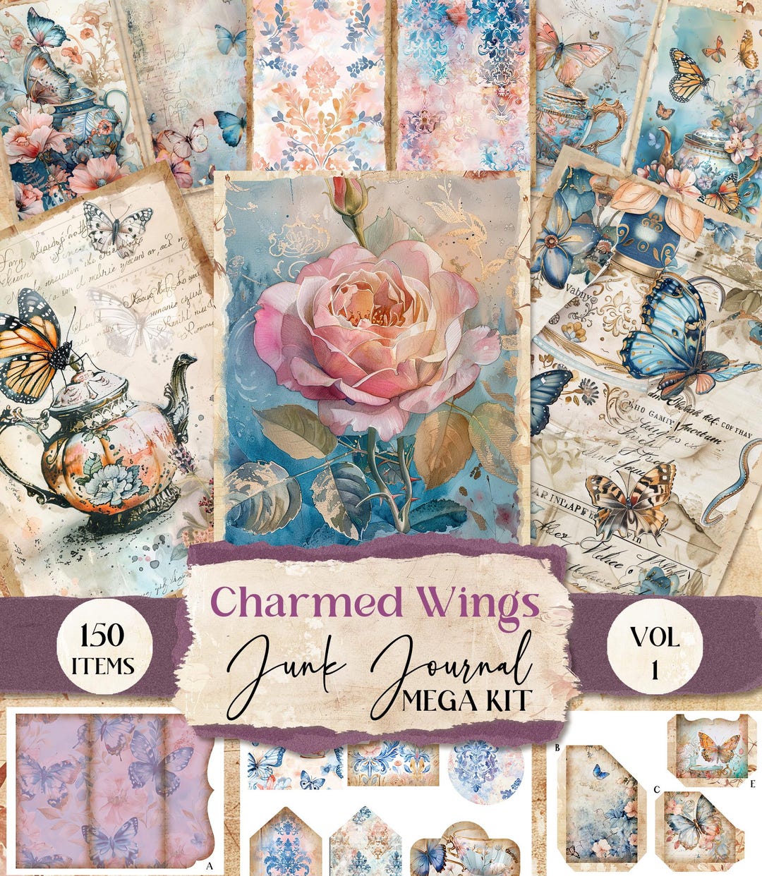 Printable Butterfly Junk Journal Kit Junk Journal Folio Kit Shabby Chic ...