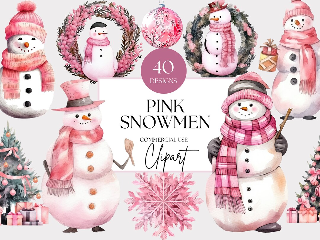 Pink Snowmen Clipart Watercolor Clipart Bundle | Winter Christmas ...