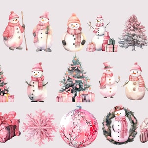 Pink Snowmen Clipart Watercolor Clipart Bundle | Winter Christmas ...