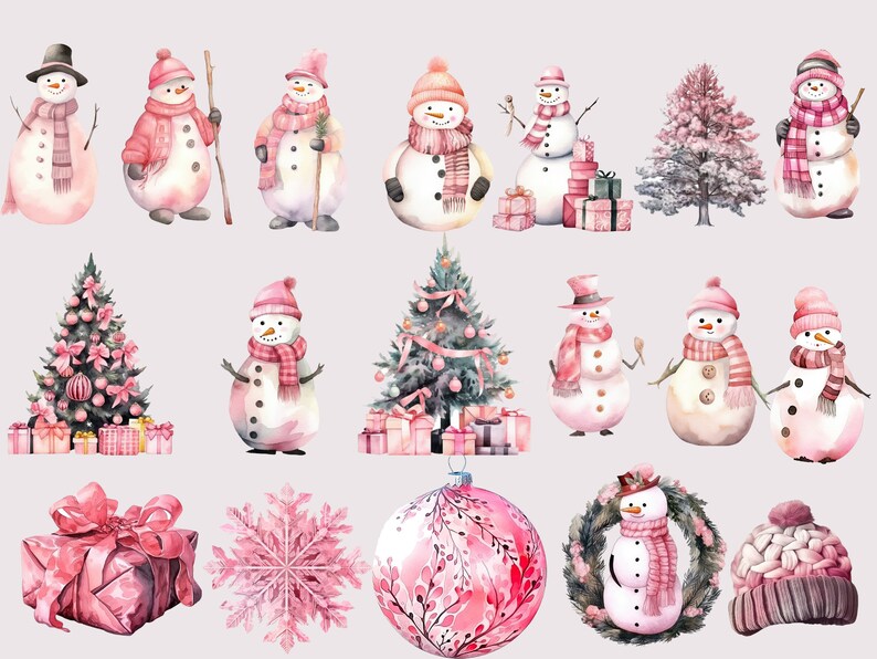 Pink Snowmen Clipart Watercolor Clipart Bundle Winter Christmas Clipart ...