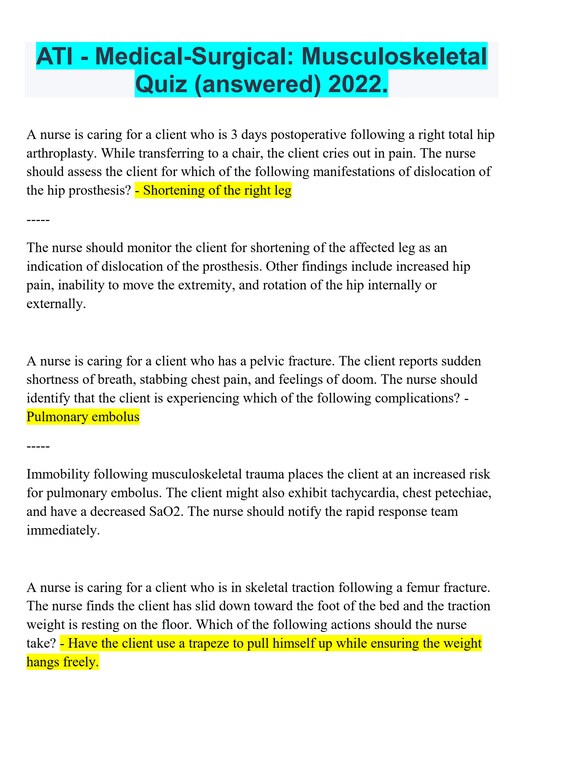 ATI Medical-surgical: Musculoskeletal Quiz answered 2022. - Etsy