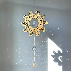 Wooden Sun Suncatcher With Crystal Prisms, Celestial Hanging Window ...