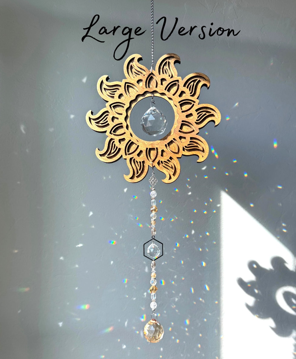 Wooden Sun Suncatcher With Crystal Prisms, Celestial Hanging Window ...