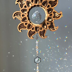 Wooden Sun Suncatcher With Crystal Prisms, Celestial Hanging Window ...