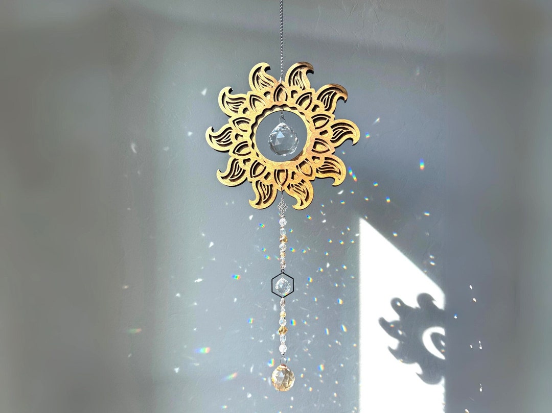 Wooden Sun Suncatcher With Crystal Prisms, Celestial Hanging Window ...