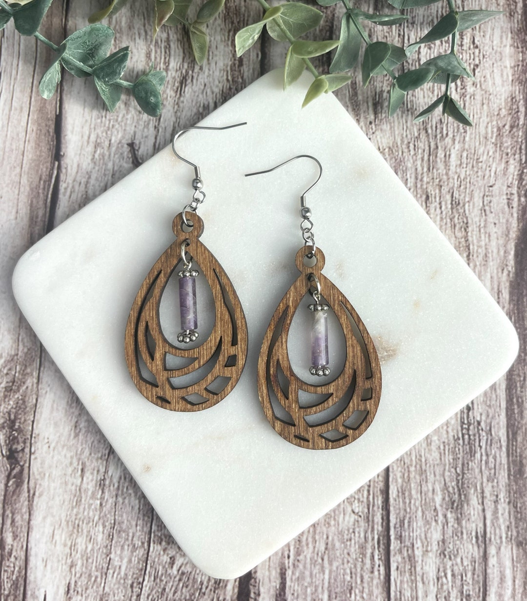 Mandala Tear Drop Earrings With Amethyst Aventurine Beads, Elegant and ...