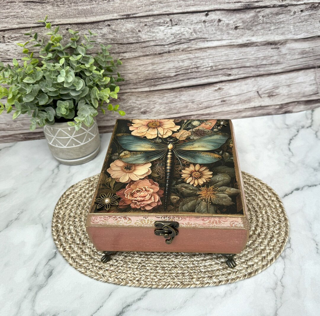 Dragonfly Jewelry or Trinket Box, Dragonfly Decoupage Storage Box ...