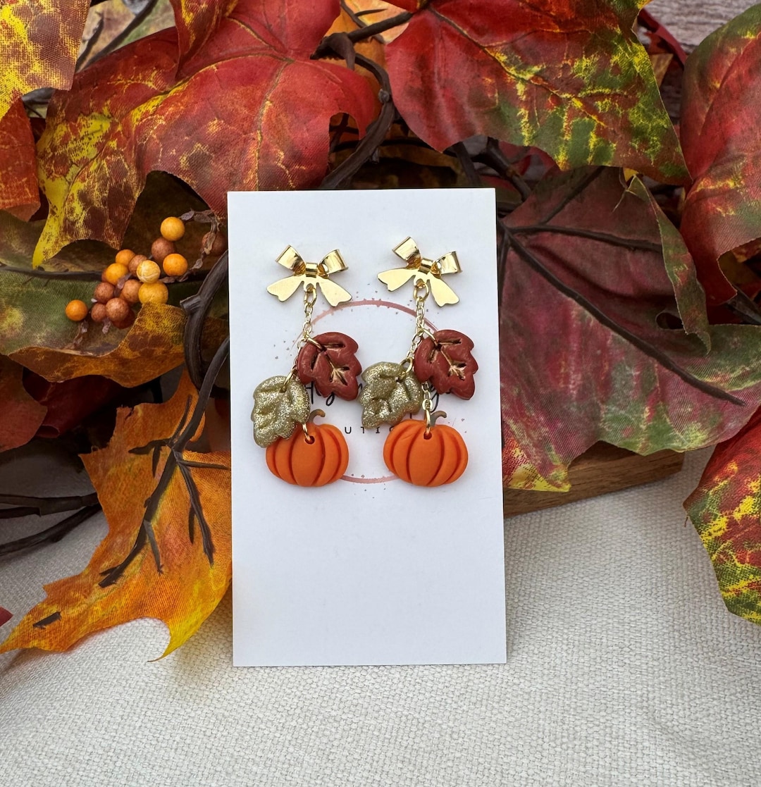 Fall Leaf and Pumpkin Charm Earrings With Gold Bow Studs, Autumn Theme ...