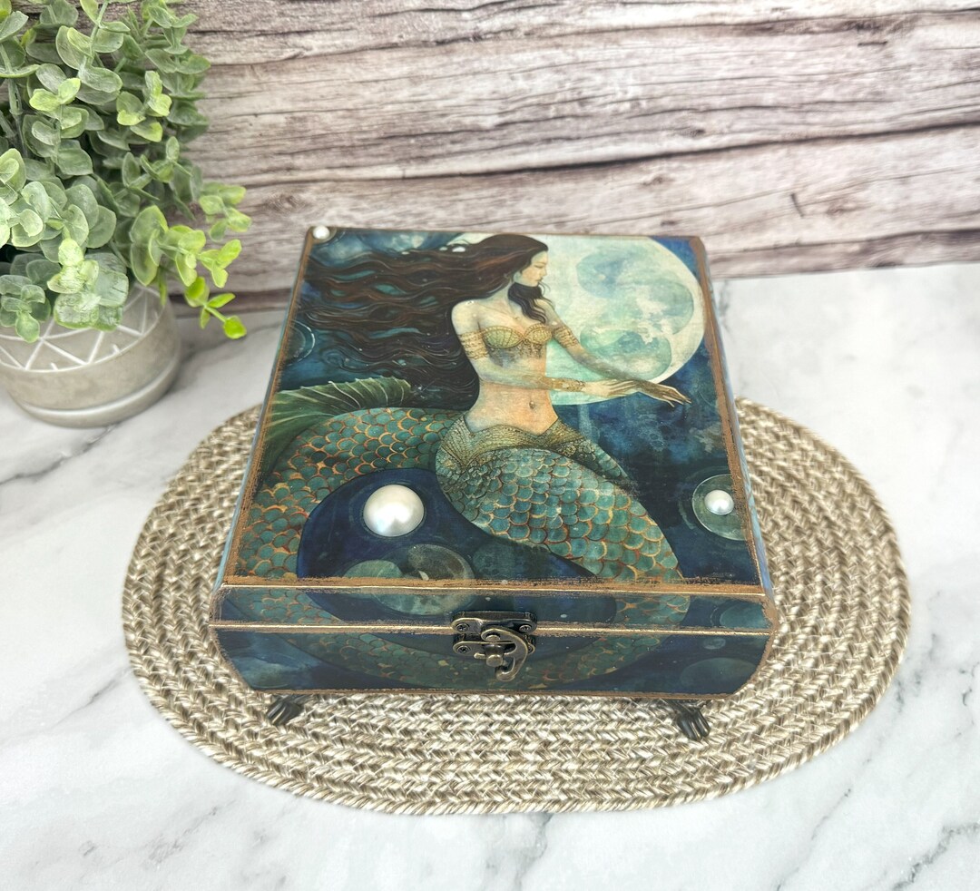 Mermaid in the Moon Jewelry Box, Lightweight Decoupage Box, Mermaid ...