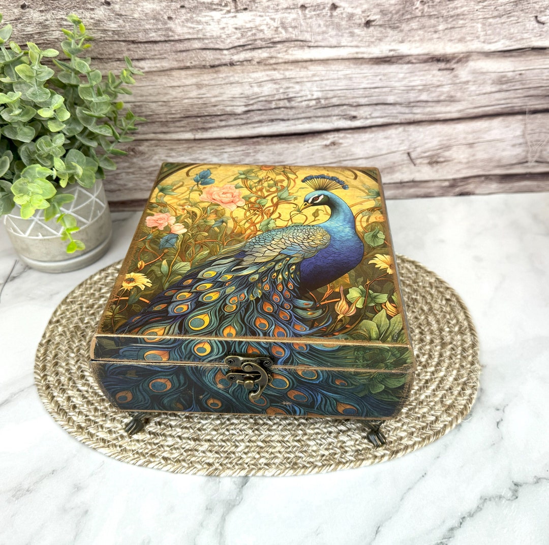 Peacock Decoupage Jewelry Box,peacock Trinket Box, Whimsy Jewelry Box ...