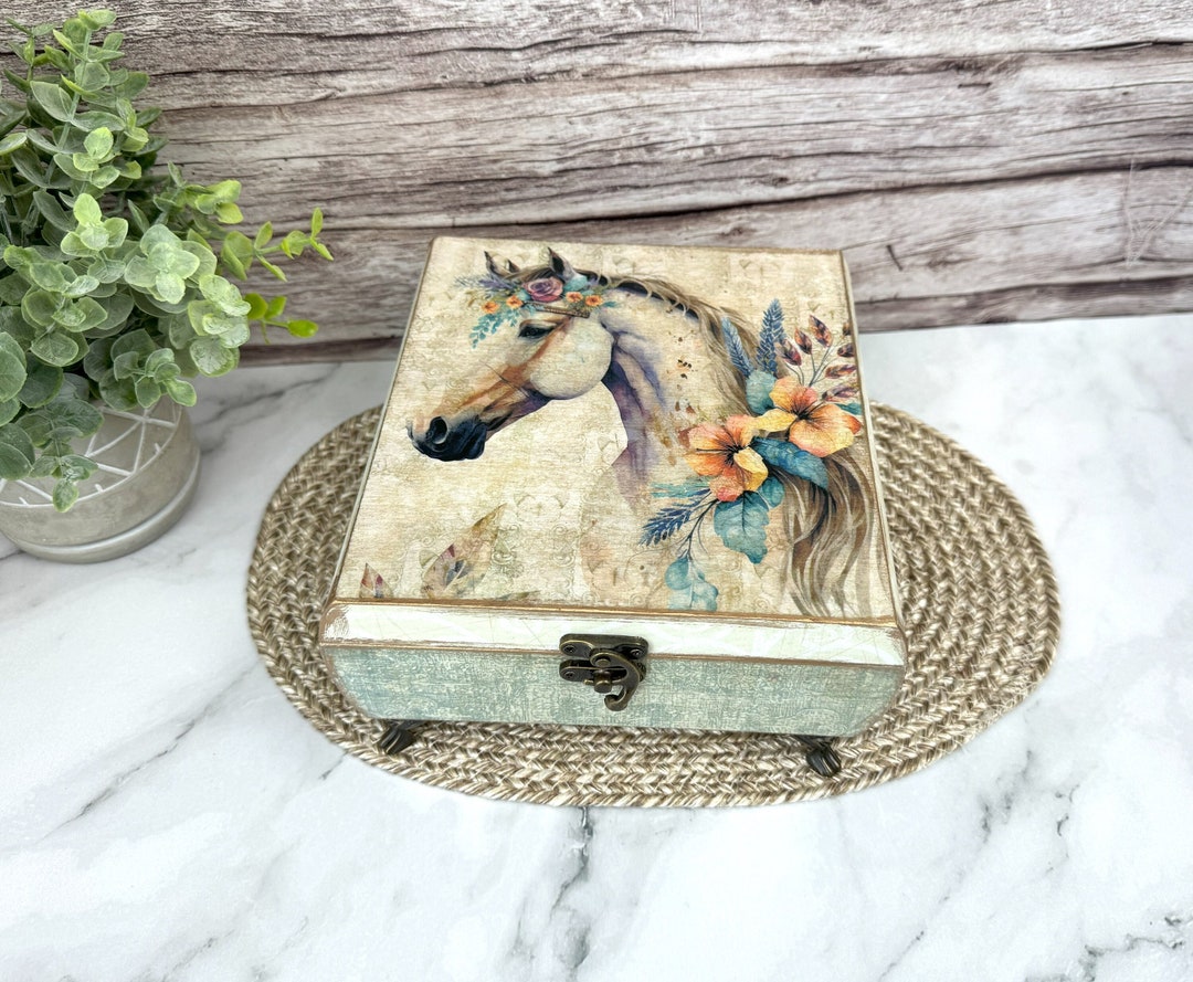Vintage Style Horse Trinket Box, Artisan Decoupage Jewelry Box, Western ...