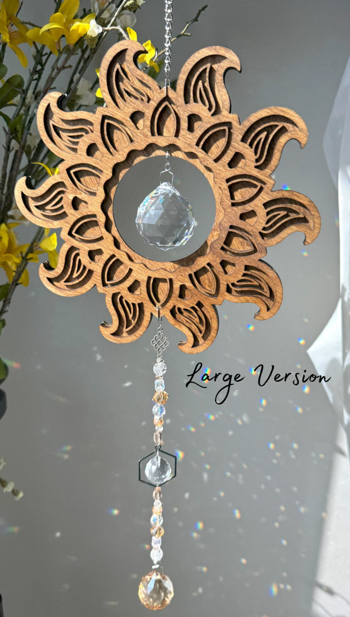 Wooden Sun Suncatcher With Crystal Prisms, Celestial Hanging Window ...