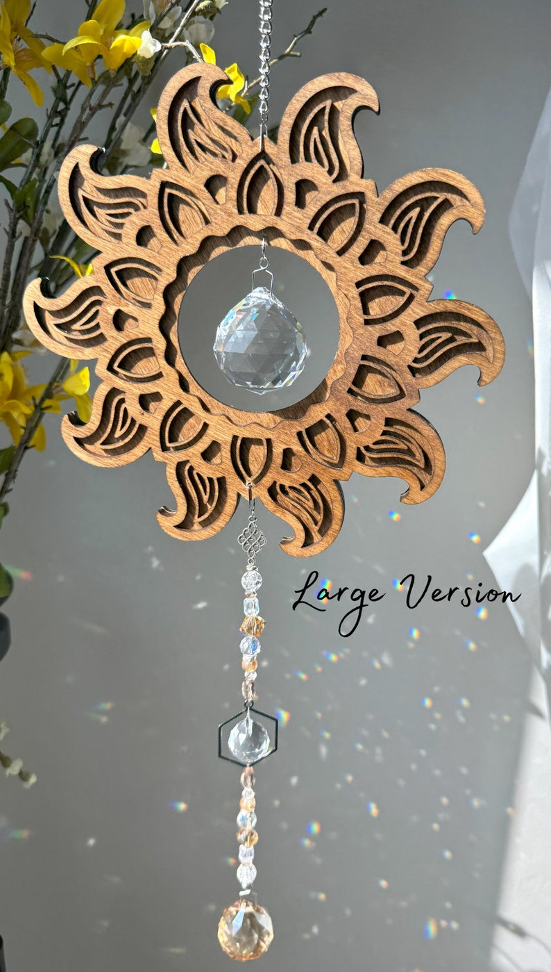 Wooden Sun Suncatcher With Crystal Prisms, Celestial Hanging Window ...