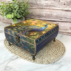 Peacock Decoupage Jewelry Box,peacock Trinket Box, Whimsy Jewelry Box ...