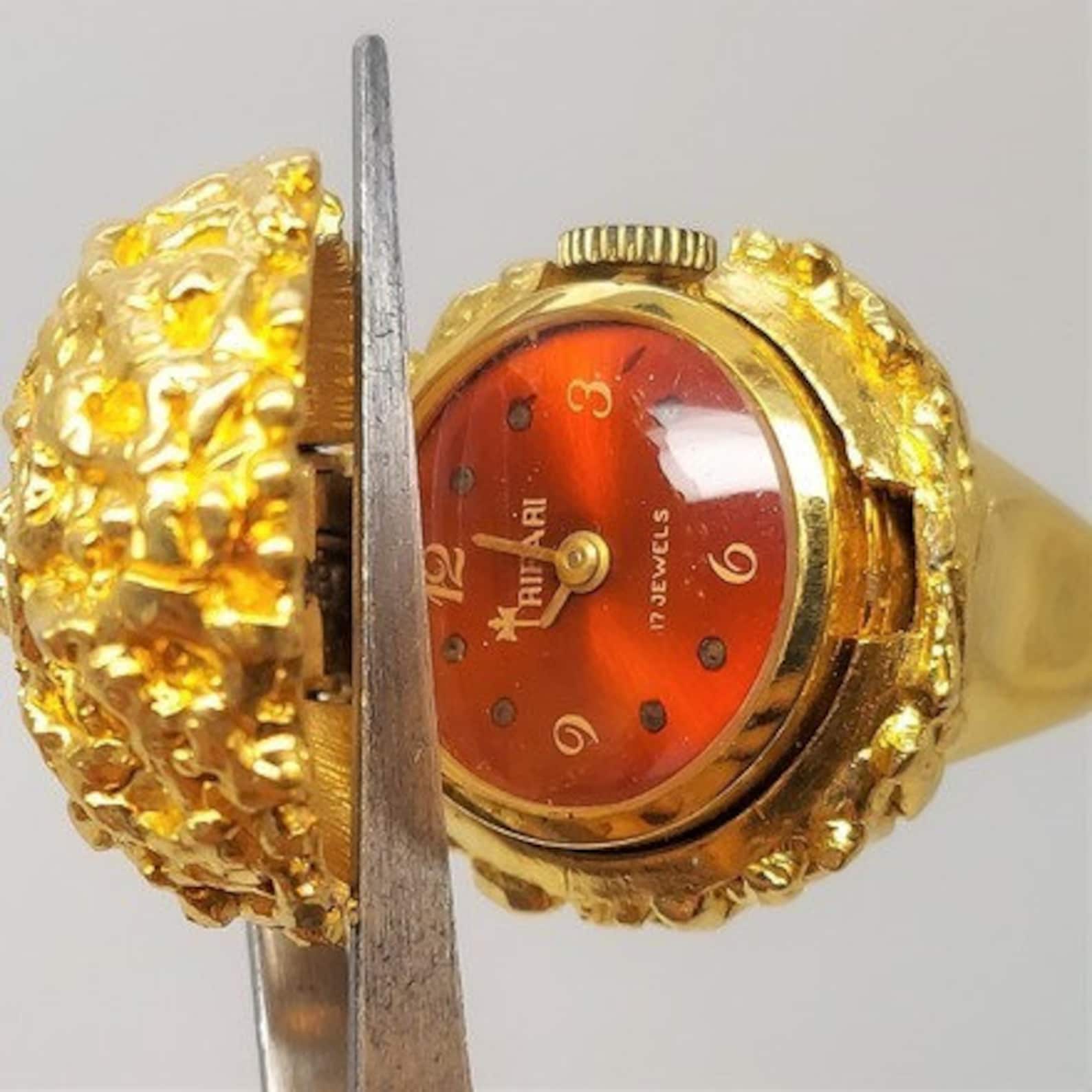Vintage Crown Trifari Gold Tone 17 Jewels Watch Ring Mechanical Works ...