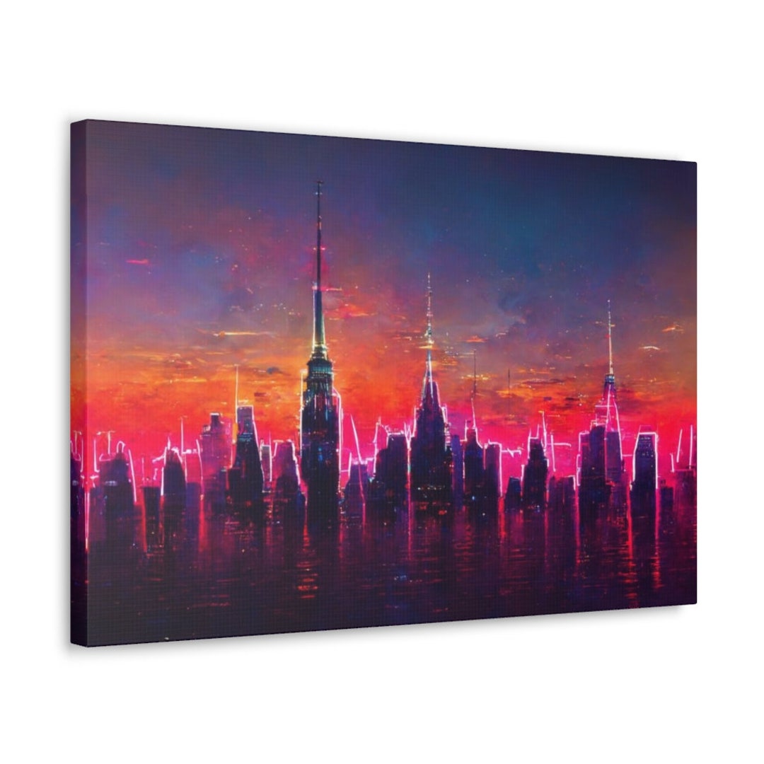 NEW YORK SKYLINE, Futuristic Synthwave, Canvas Gallery Wrap, Wall Decor ...