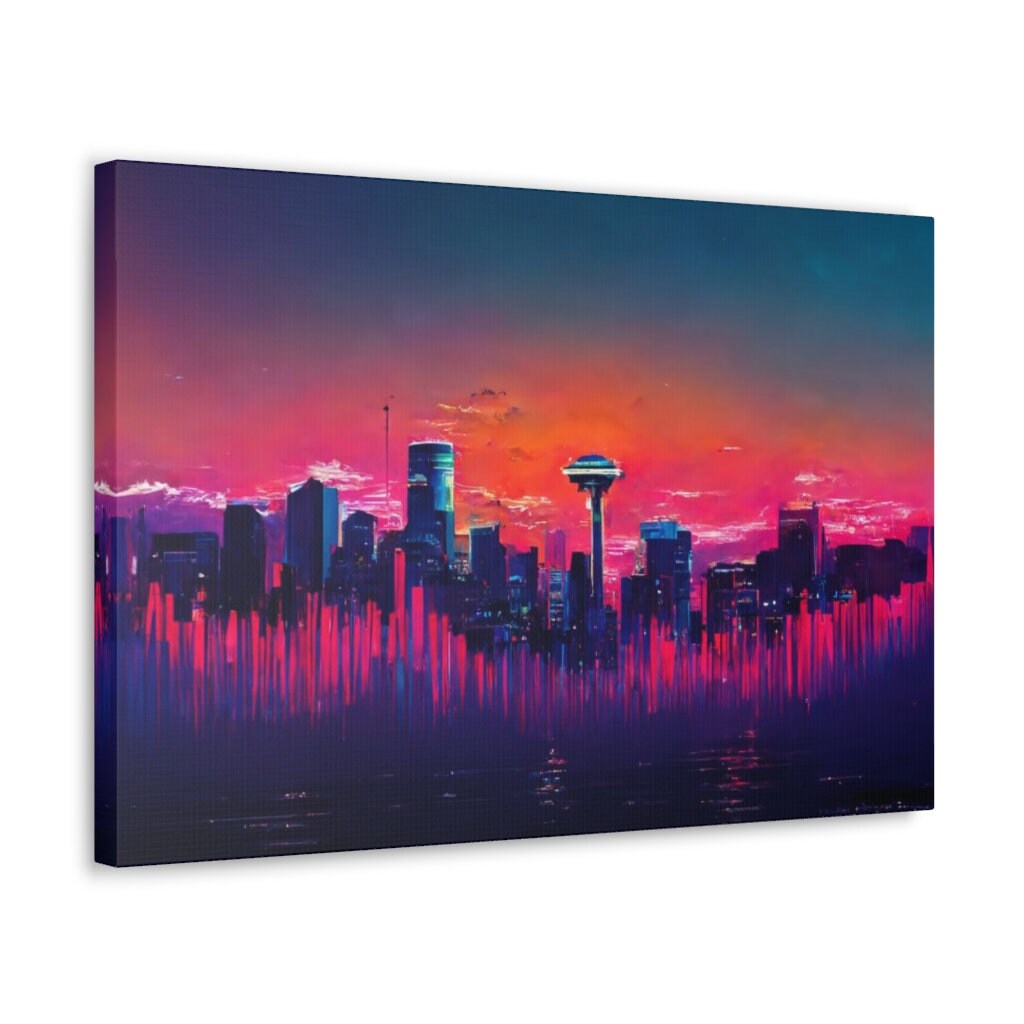 SEATTLE SKYLINE, Futuristic Synthwave, Canvas Gallery Wrap, Wall Decor ...