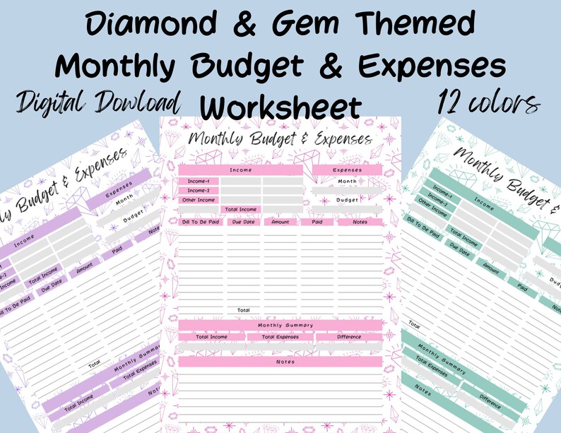 Diamond and Gem Theme Monthly Budget and Expenses Worksheets 12 Colors ...