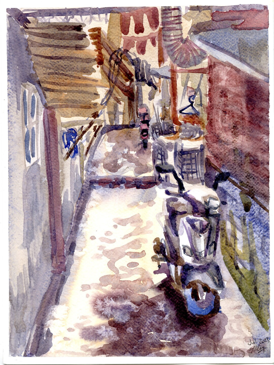 Taiwan Moped Motorcycle in Alley Watercolor Painting Art ORIGINAL 9 X ...