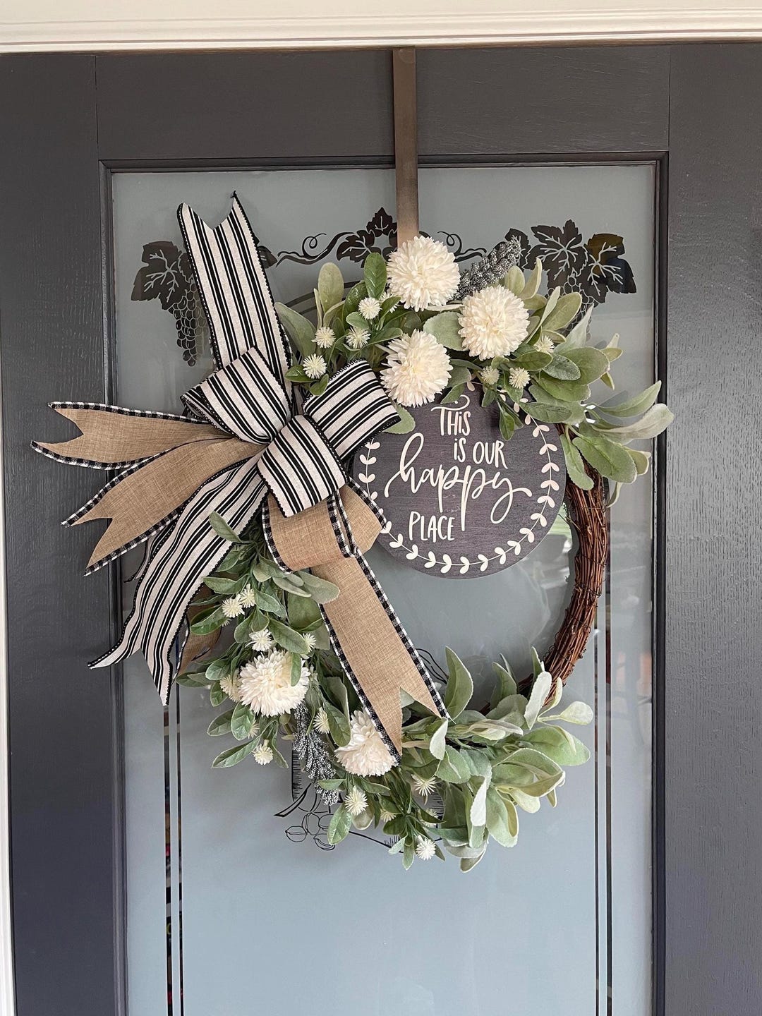 Grapevine Lambs Ear Wreath: Floral Welcome Front Door Sign (21 X 19 ...