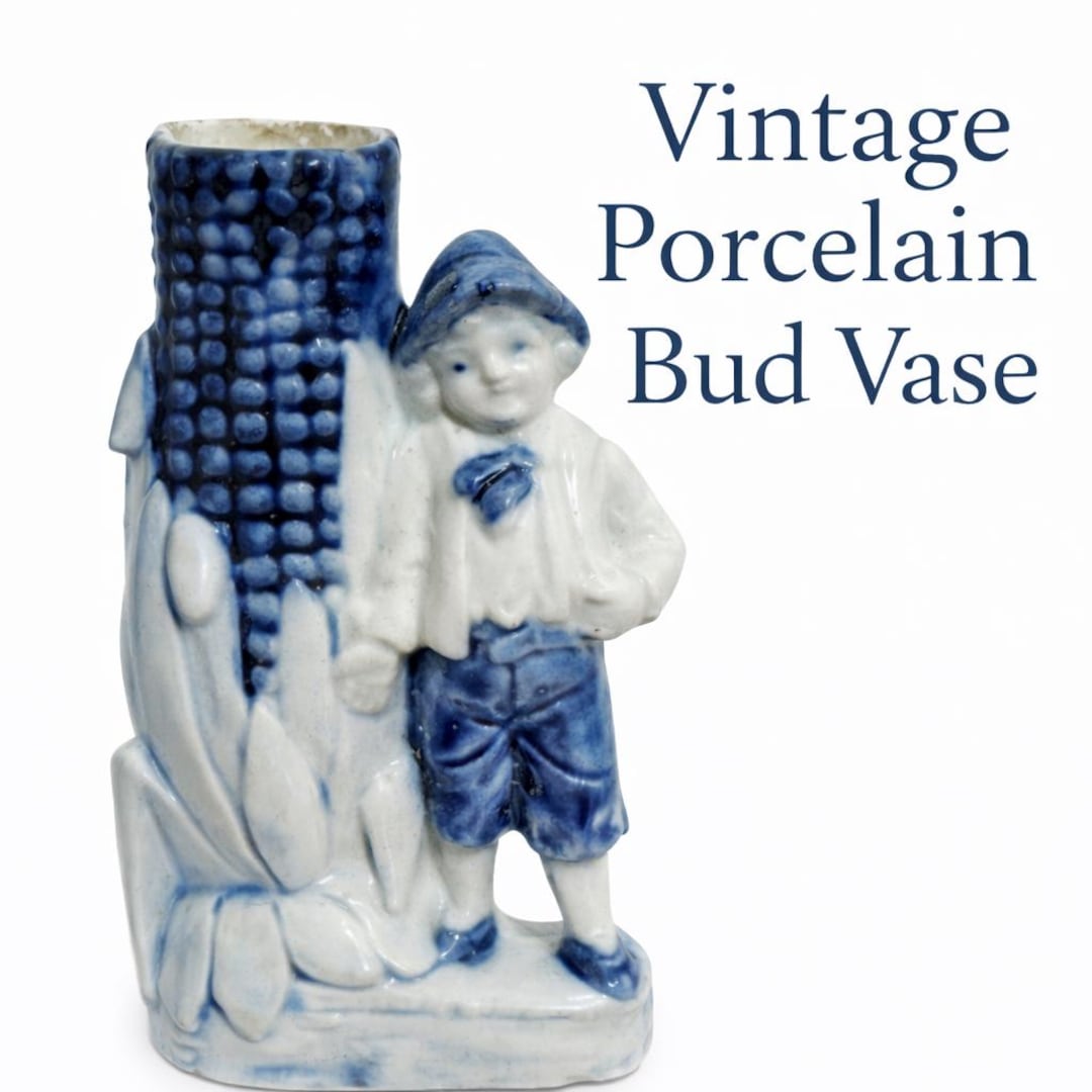 Vintage Delft Style Porcelain Bud Vase – Boy Figurine, Blue & White - Etsy