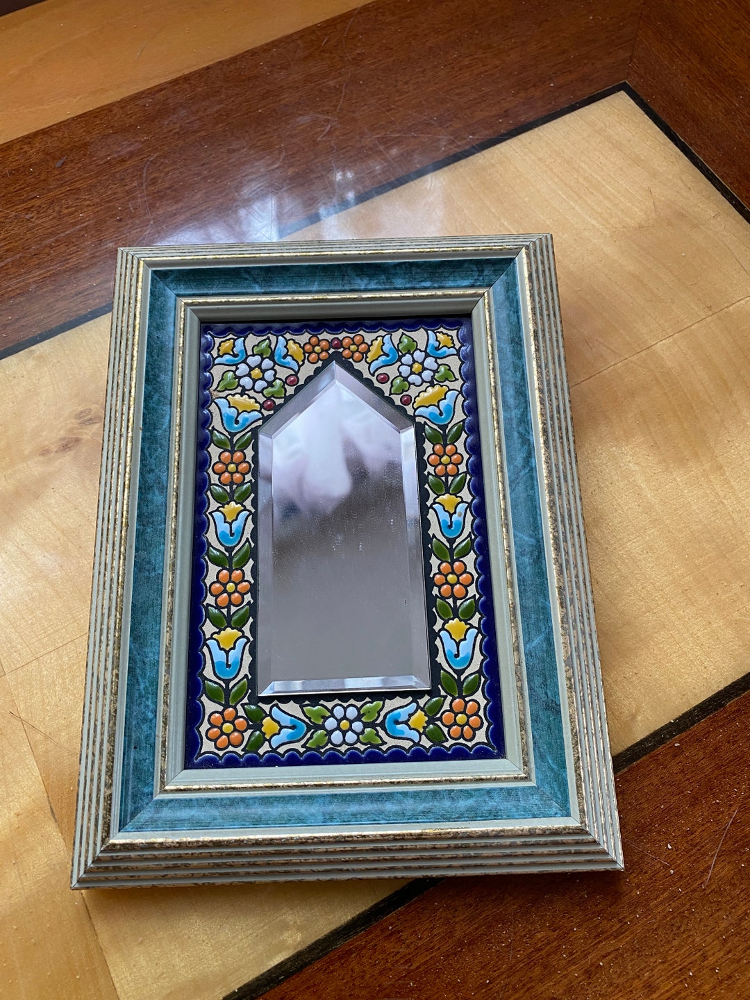 Fine Spanish Mirror " Cuerda Seca" 14x20 Cm in Enamel Frame Hand ...