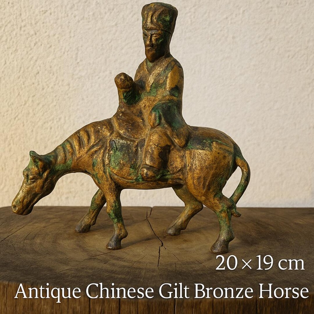 Antique Chinese Gilt Bronze Horse Rider – Patinated God Figure, 20th ...