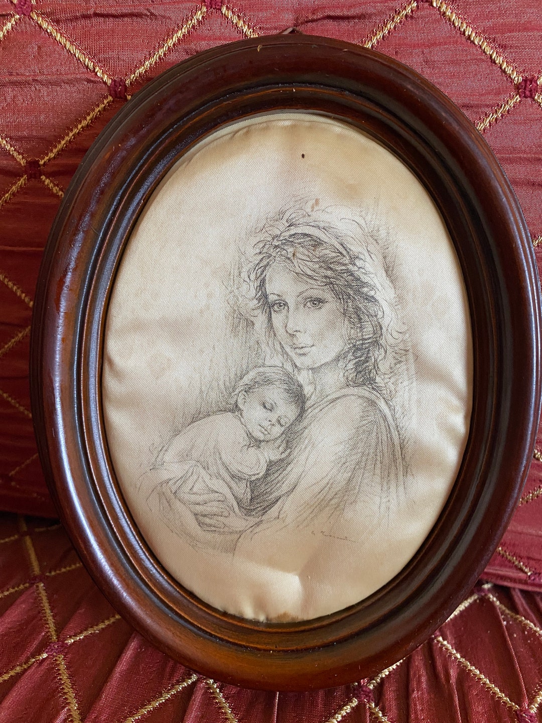 Vintage Silk Portrait of Mother and Child by Giuseppe Tarantino in a ...