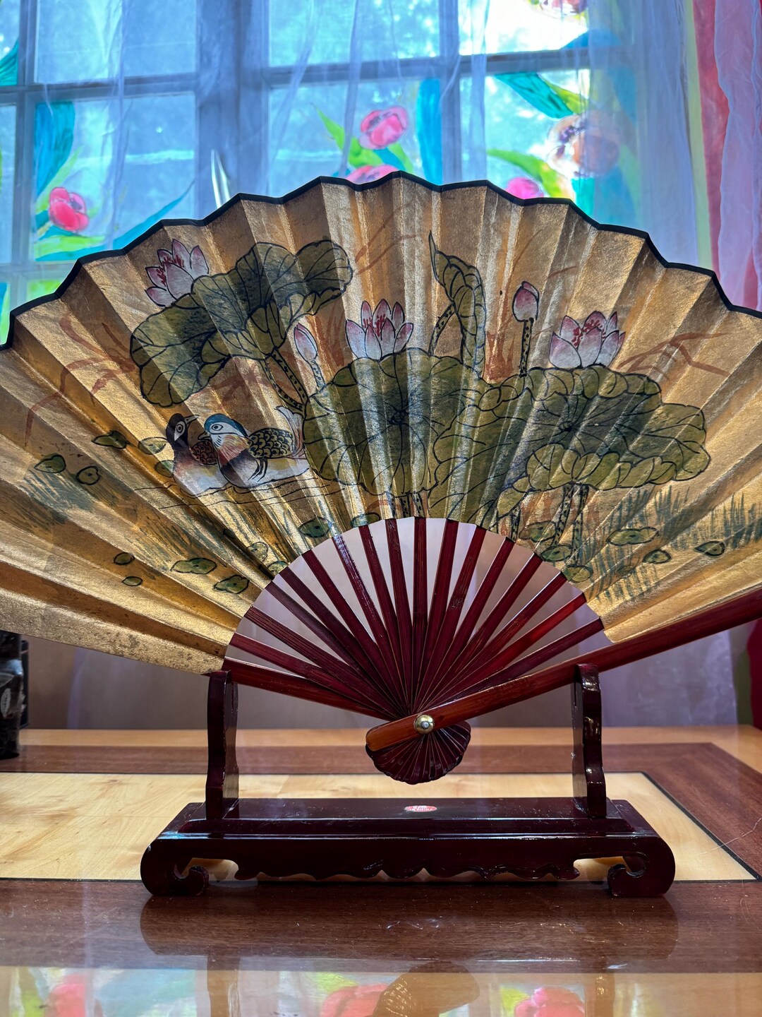 Large Chinese Fan on Stand Hand Painted Mandarin Ducks and Lotuses - Etsy