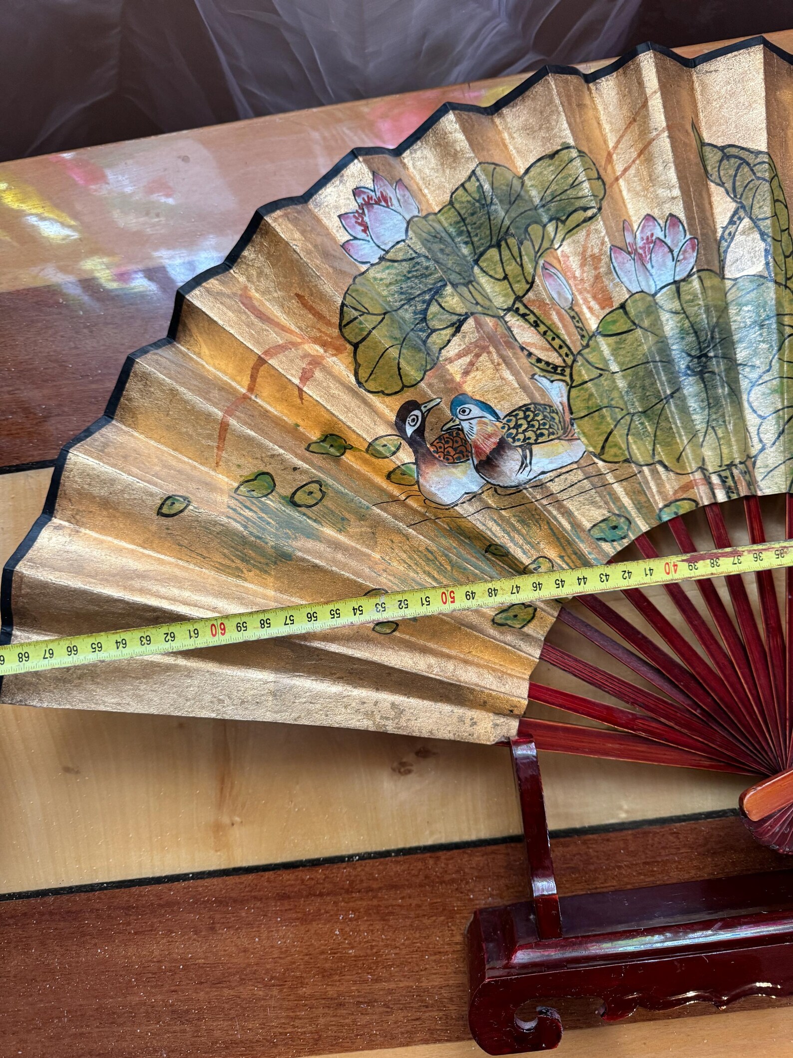 Large Chinese Fan on Stand Hand Painted Mandarin Ducks and Lotuses - Etsy