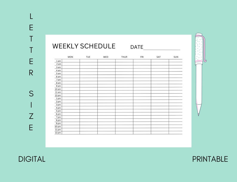 Weekly Schedule Printable Template Hour by Hour Tracker - Etsy