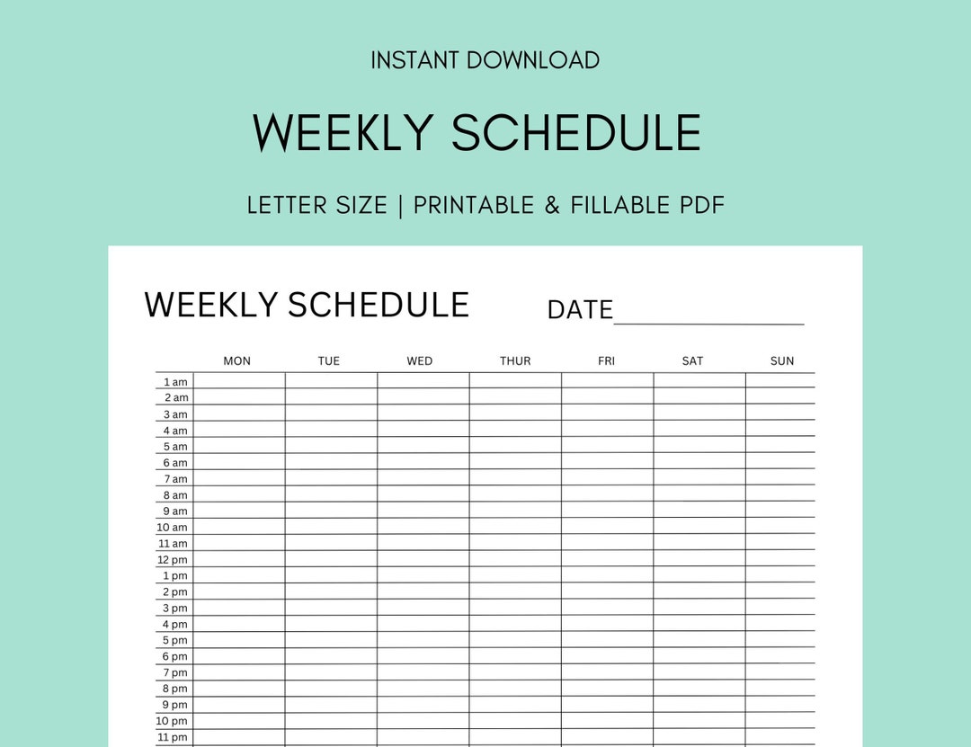 Weekly Schedule Printable Template Hour by Hour Tracker - Etsy