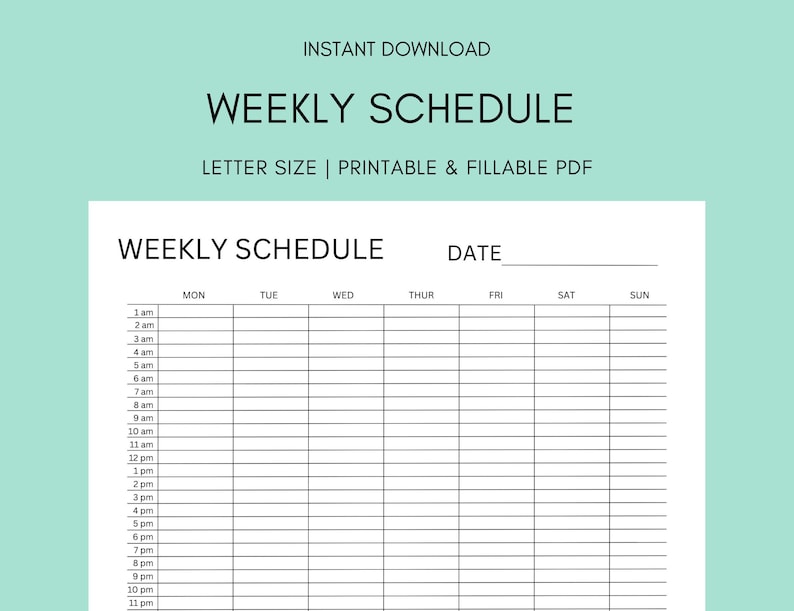 Weekly Schedule Printable Template Hour by Hour Tracker - Etsy