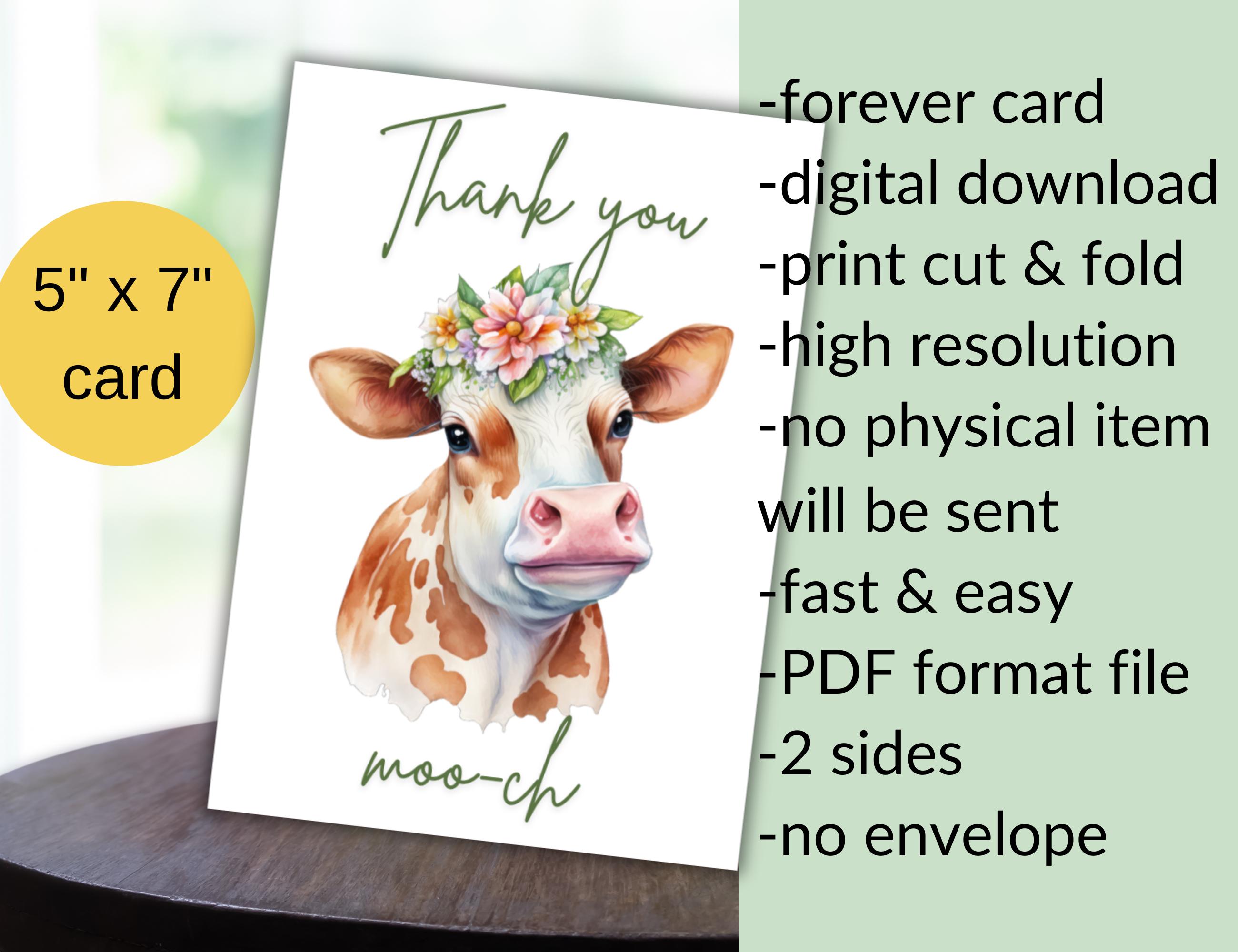 Thank You Printable Card |cow Moo Card| Instant Digital Download Card ...