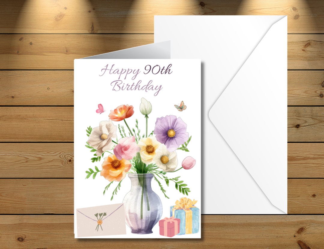 90th Birthday Printable Card |happy Birthday Floral Card| Instant ...