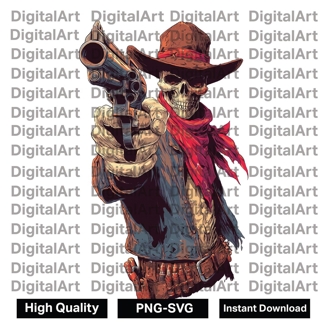 Vintage Cowboy Skull PNG SVG, Wild West Gunslinger Skeleton (digital ...