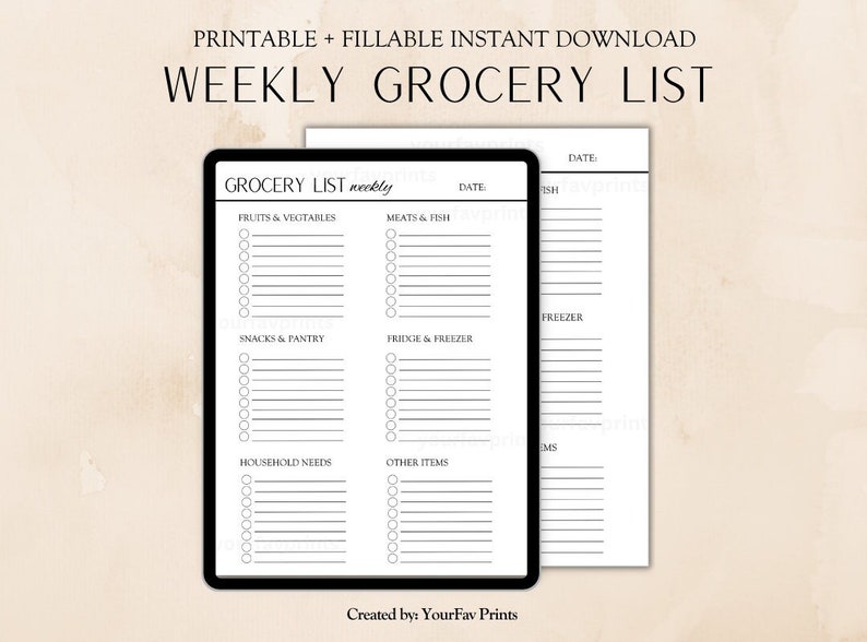 Printable & Fillable Weekly Grocery List / PDF Instant Download Grocery ...