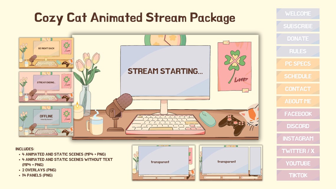 Animated Cozy Twitch Overlay | Cozy Cat Overlay Stream Package, Twitch ...