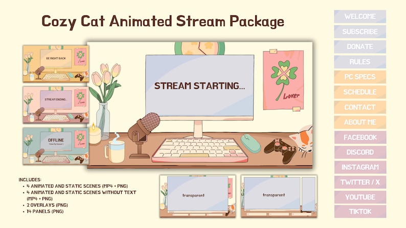 Animated Cozy Twitch Overlay | Cozy Cat Overlay Stream Package, Twitch ...