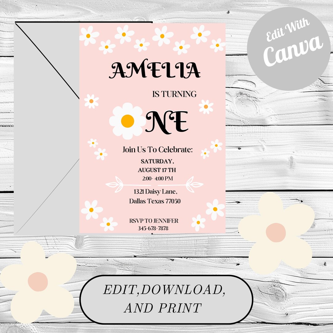 Editable Daisy Invitation Pink Birthday Invitation Printable Template ...